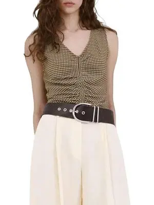 Mango Micro Check Ruched V-neck Sleeveless Top - Khaki