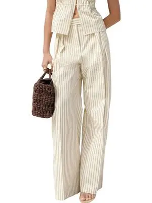 Mango Striped Pleated Straight Leg Trousers - Yellow