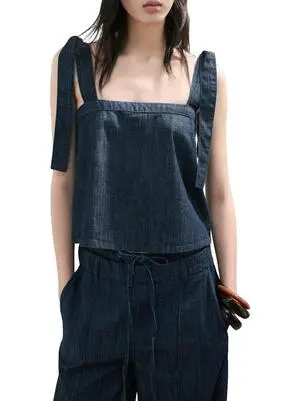 Mango Calonge Denim Top With Tie Straps - Open Blue