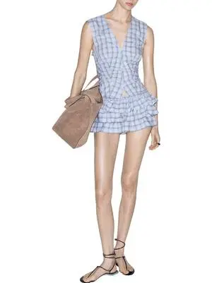 Mango Ruched Sleeveless Plaid Top With V-neck - Blue