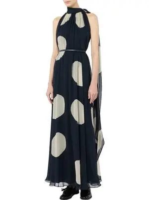 Max Mara Polka Dot Long Silk Georgette Dress With Halter Neck - Midnight Blue
