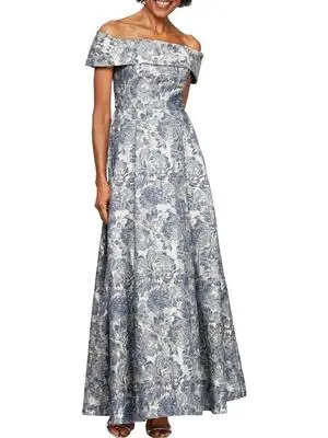 Alex Evenings Off-the-shoulder Floral Ballgown - Silver Multi