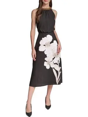 Karl Lagerfeld Paris Floral Beaded Collar Sleeveless Midi Dress - Midnight Multi
