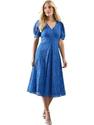 WALLIS Petite Lace V-neck Tea Length Midi Dress - Blue