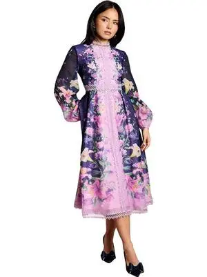 Coast Petite Organza Floral Lace Trim Midi Dress - Navy