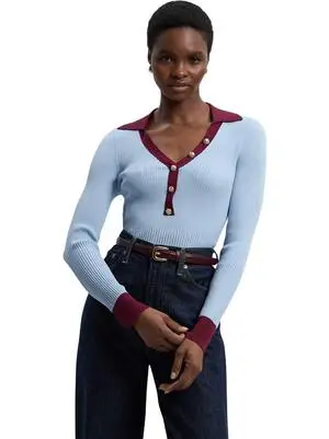 Karen Millen Ribbed Knit Collared Top With Contrast Trim - Light Blue