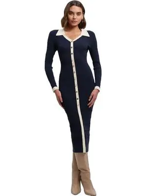 Karen Millen Rib Contrast Button Knit Midi Dress - Navy