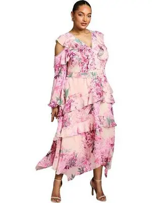 Coast Floral Print Cold Shoulder Tiered Ruffle Midi Dress - Pink