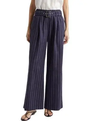 REISS Rae Stripe Belted Wide Leg Pants - Navy