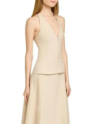 WAYF X Hannah Lovey Porter Capri Halter Neck Linen Blend Top - Natural