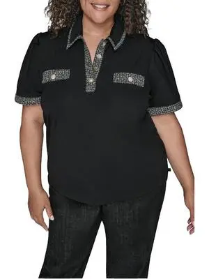 Karl Lagerfeld Paris Mixed Media Metallic Tweed Top - Black