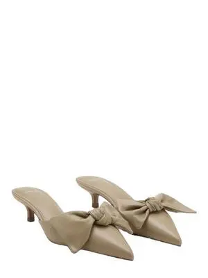 Mango Pointed Toe Kitten Heel Mule With Knot Detailing - Ecru