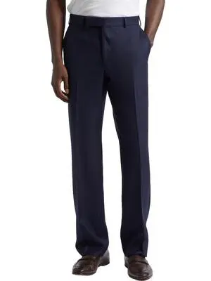 Thom Sweeney Flat Front Wide Leg Virgin Wool Trousers - Navy