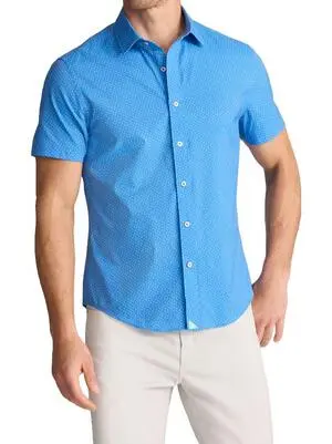 UNTUCKIT Sailboat Print Short Sleeve Performance Button-up Shirt - Blue