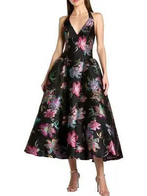 Mac Duggal Floral Metallic Brocade Halter Neck Midi Dress - Black Multi