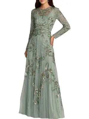 Mac Duggal Embellished Long Sleeve A-line Gown - Sage