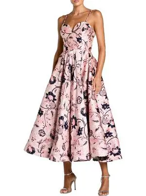 Mac Duggal Floral Brocade Sweetheart Neck A-line Midi Dress - White Multi