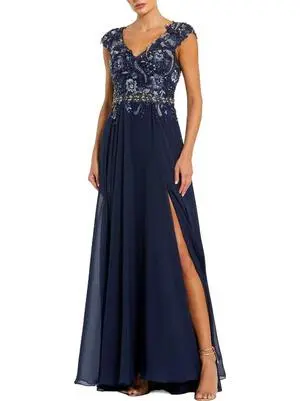 Mac Duggal Embellished Cap Sleeve Chiffon Gown - Midnight