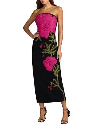Mac Duggal Strapless Floral Embroidered Midi Dress - Black Multi