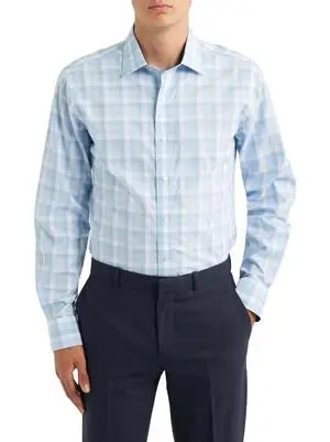 Lorenzo Uomo Trim Fit Plaid Check Cotton Dress Shirt - Light Blue