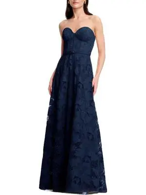 Dress The Population Pierson Floral Lace Strapless Gown - Navy