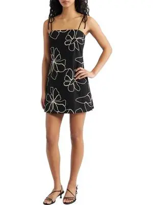 Moon River Floral Embroidered Tie Strap Minidress - Black Multi