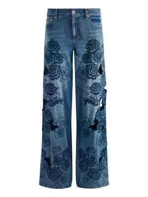 Alice + Olivia Floral Embroidered Cutout Wide Leg Jeans - Blue