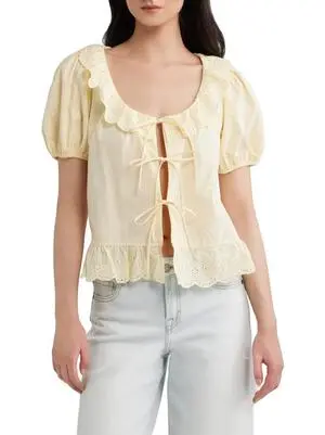 PETAL & PUP Cotton Eyelet Embroidered Tie Front Top - Mango