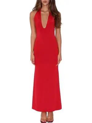 TIGER MIST Plunge Neck Halter Maxi Dress - Red