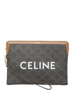 Celine Small Pouch With Strap In Triomphe Canvas With Print - Tan