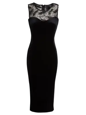 SARVIN Velvet Midi Bodycon Dress With Sweetheart Lace Neckline - Black