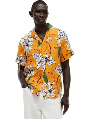 Tommy Hilfiger Regular Fit Floral Linen Camp Shirt - Orange Flash
