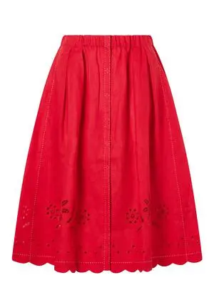 Vita Kin Broderie Anglaise Trimmed Linen Midi Skirt - Red