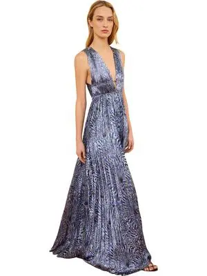 Ulla Johnson Ulla Johnson Lena Pleated Satin Gown With Seashell Print Lapis
