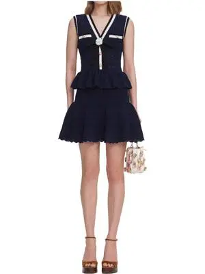SELF-PORTRAIT Peplum Pointelle Knit Mini Dress - Black