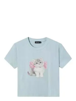 TOUT A COUP Ribbed Cat Print T-shirt - Blue