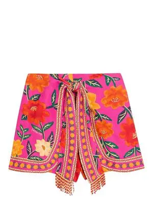 Farm Rio Printed Linen-blend Skirt-style Shorts - Fuchsia