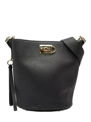 FERRAGAMO Grained Calfskin Studio Bucket Bag - Black