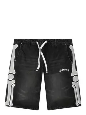 GODSPEED Skeleton Appliqué Denim Shorts - Black