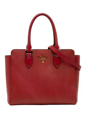 Prada Soft Calf Trimmed Saffiano Lux Zip Convertible Tote Satchel - Red