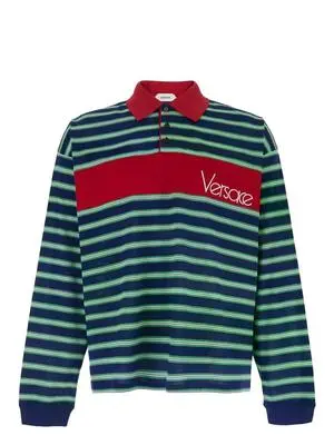 Versace Logo-detail Striped Long-sleeve Polo Shirt - Blue