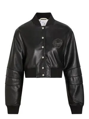 AN-Y1 Embellished Leather Cropped Bomber Jacket - Black