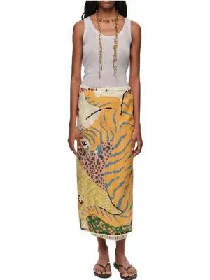 BIMBA Y LOLA Patchwork Linen Blend Sarong Midi Skirt With Beaded Cords