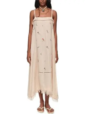 BIMBA Y LOLA Bimba Y Lola A-line Midi Dress With Multicolor Embroidery And Frayed Hem
