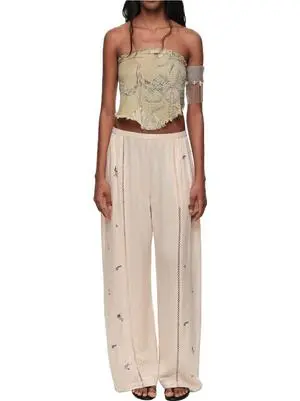 Bimba Y Lola Wide Leg Trousers With Lace And Embroidery - Sand