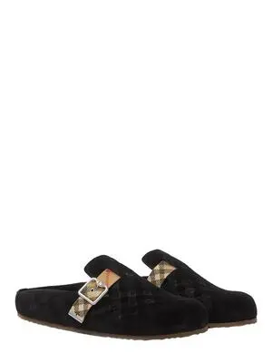 Burberry Suede Buckled Clogs - Black
