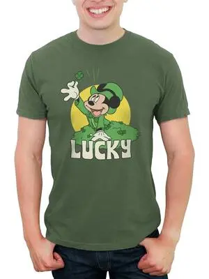 MICKEY & FRIENDS St. Patrick's Day Mickey Lucky 4 Leaf Clover Graphic T-shirt - Moss