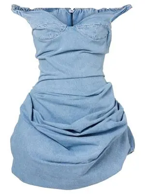 Magda Butrym Gathered Off-shoulder Denim Mini Dress - Blue