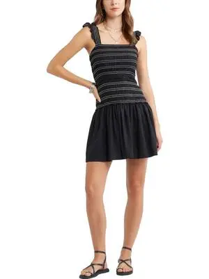 Treasure & Bond Ruffle Smocked Drop Waist Cotton Blend Mini Dress - Black