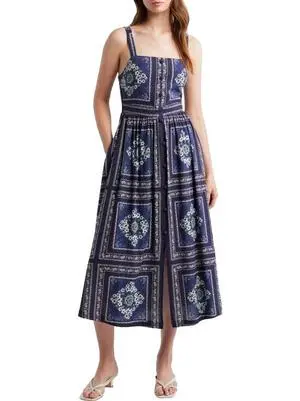 ZOE AND CLAIRE Sleeveless Printed Cotton & Linen Midi Dress - Navy